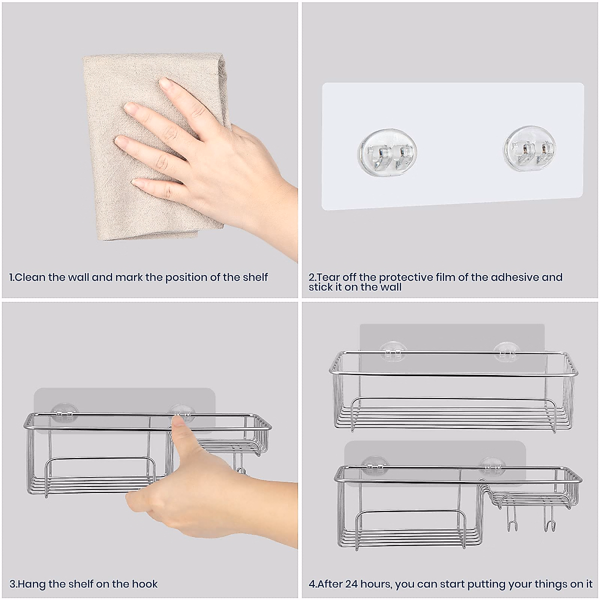 COSYLAND 2-Pack SUS304 Stainless Stee1 Adhesive Shower Caddy Hanging Basket Shelf, Rustproof Bathroom Shower Racks Bathroom Organizer in Shower (Chrome)