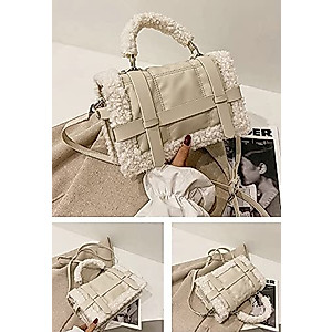 Winter Faux Fur Trim Shoulder Bag Women PU Leather Tote Bag Solid Color Tote Handbag Crossbody Bag for Women