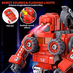 Fire Truck Toy for Boys Take Apart Robot Toys 5 in 1 Transform Robot Car Set, Firetruck Construction Vehicles Sets Building Robot Toys Kits with Drill Light and Music Gift for Boys Girls Ages 3-8