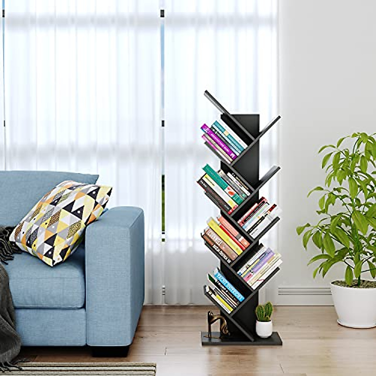Yusong Tree Bookshelf, 9-Tier Book Tree Shelf Bookcase for Living Room Bedroom, Floor Standing Magazine CD Organizer Rack for Home Office, Black