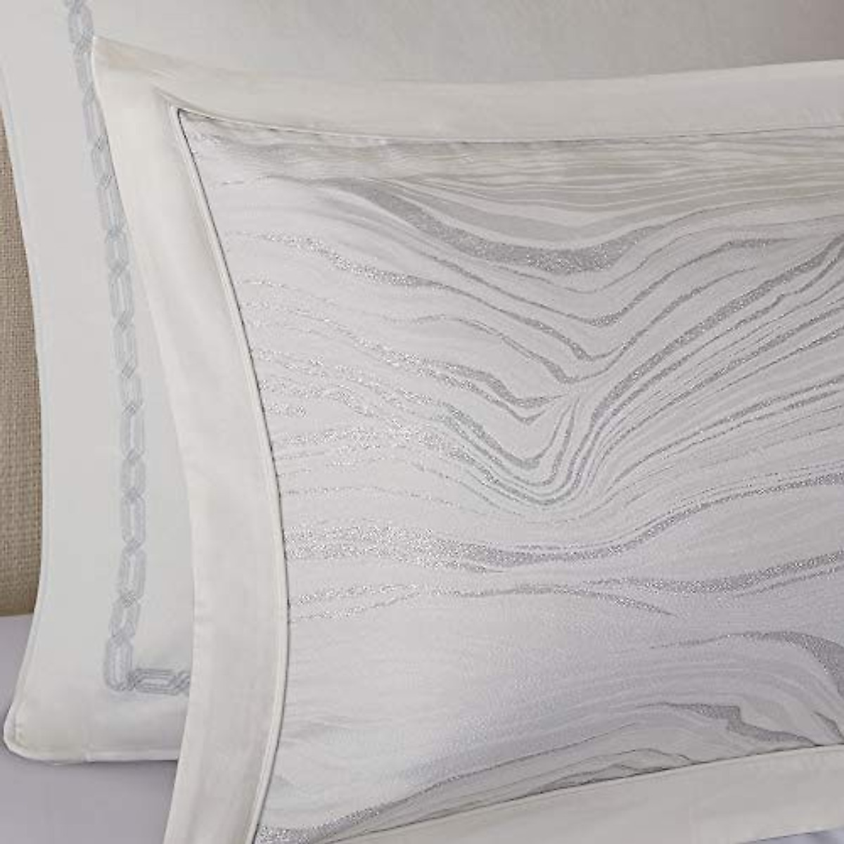 Madison Park Signature Hollywood Glam Cozy Comforter Set - All Season Bedding Combo Filled Insert and Removable Duvet Cover, Shams, Decorative Pillows, Metallic White King(110"x96") 10 Piece