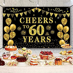 Trgowaul 60th Birthday/Anniversary/Wedding Decorations for Women Men, Cheers to 60 Years Banner, Black and Gold 60th Birthday Backdrop, 60 Bday Decorations Party Banner Photography Supplies Background
