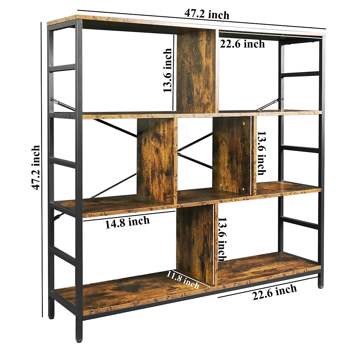 LAVIEVERT 3-Tier Square Bookcase, Standing Bookshelf Display Cabinet with 7 Open Storage Shelves Decor Furniture for Living Room, Bedroom, Home Office - Rustic Brown