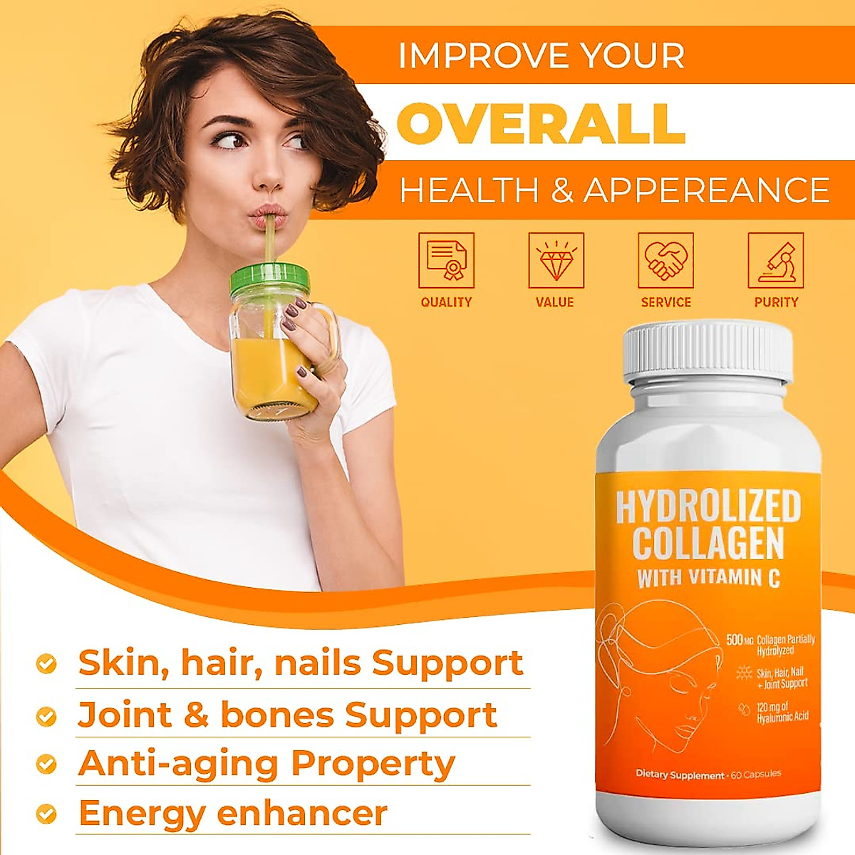 Aura Vitamin Hydrolyzed Collagen with Vitamin C Capsules 500mg Great Energy | Skin, Hair and Nail Support | Hyaluronic Acid Pills - 60ct (1)