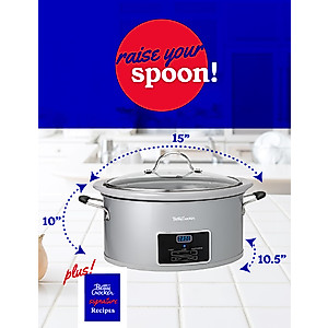 Betty Crocker 6-Quart Oval Digital Slow Cooker, Programmable Crock Pot Up to 20 Hours, Electric Cooking Pot with LCD Digital Display, Removable Stoneware Crock Liner, Betty Crocker Cookbook,Silver