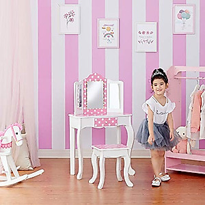 Teamson Kids Princess Gisele Polka Dot Print 2-Piece Kids Wooden Play Vanity Set with Table, LED-Illuminated Tri-Fold Mirror, Storage Drawer, and Matching Stool, White with Pink Polka Dot Accent