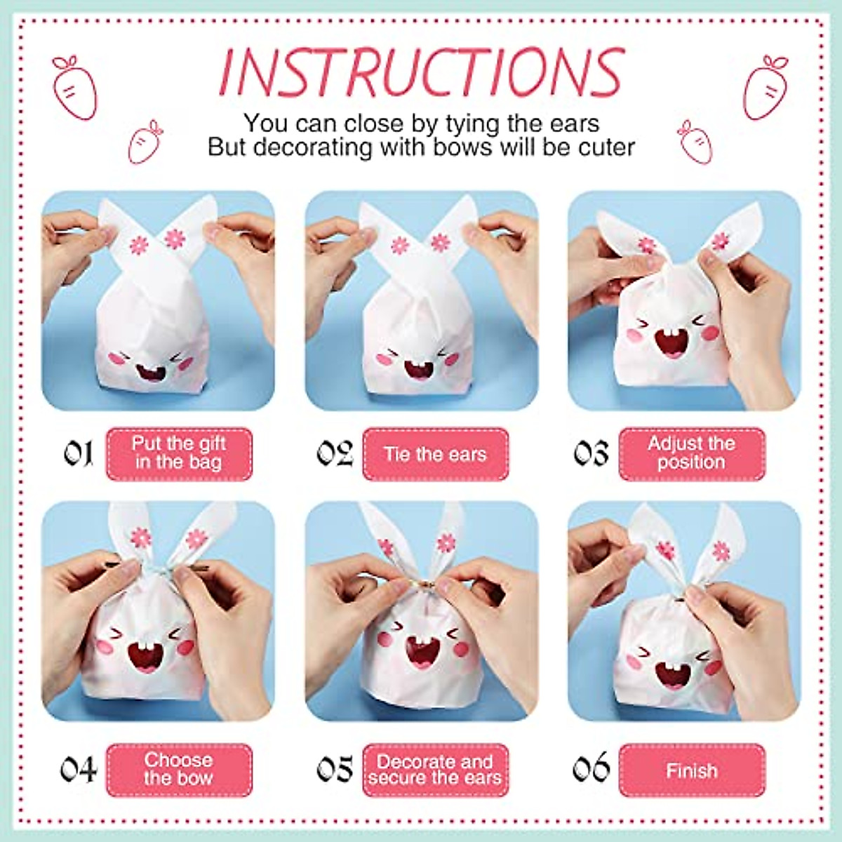 100 Pcs Cute Bunny Long Ear Candy Gift Bags Easter Goodie Bags Easter Bunny Gift Bag Plastic Easter Party Treat Bags with 100 Twist Tie Bow for Party Favors, Wedding Birthday Supplies