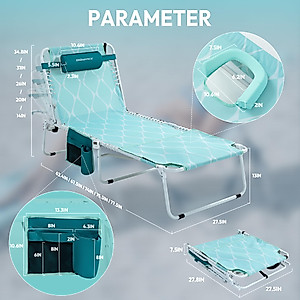 Dowinx Oversized Tanning Chair with Face Hole, Portable Chaise Lounge for Adults, Folding Beach Chair Outdoor Lounge Chair for Outside Sunbathing Reading Stomach, Lay Flat Sun Lounger, 475lbs, Aqua