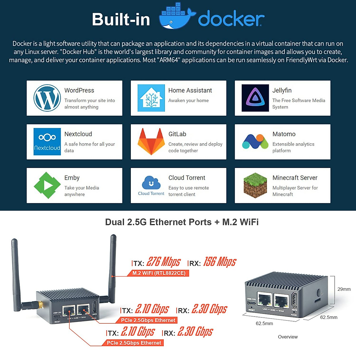 Nanopi R5C Mini WiFi Router OpenWRT with Dual PCIe 2.5Gbps Ethernet M.2 Key E USB Ports 2GB LPDDR4X RAM 32GB eMMC Based in Rockchip RK3568B2 Soc 0.8T NPU for IOT NAS Smart Home Gateway Support Ubuntu