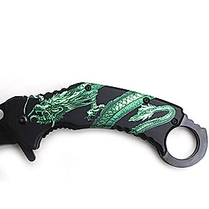Snake Eye Tactical Everyday Carry Karambit Dragon Etched Ultra Smooth One Hand Opening Folding Pocket Knife - Ideal for Recreational Work Hiking Camping (BGN)