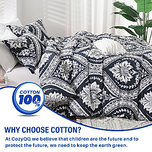 CozyQQ Cotton Duvet Cover King - 100% Cotton 400TC Winter Navy Blue Floral Damask Paisley King Duvet Cover Set, 3 PCS, 1 King Duvet Cover with Zipper & 2 Pillow Shams (104x90, No Comforter)