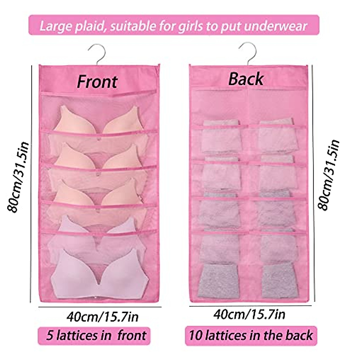 Anller Hanging Mesh Pockets, Dual Sided Wall Shelf Wardrobe Storage Bags, Closet Hanging Shelves with Rotating Metal Hanger, for Bra Socks Underwear Underpants, 2 Pack