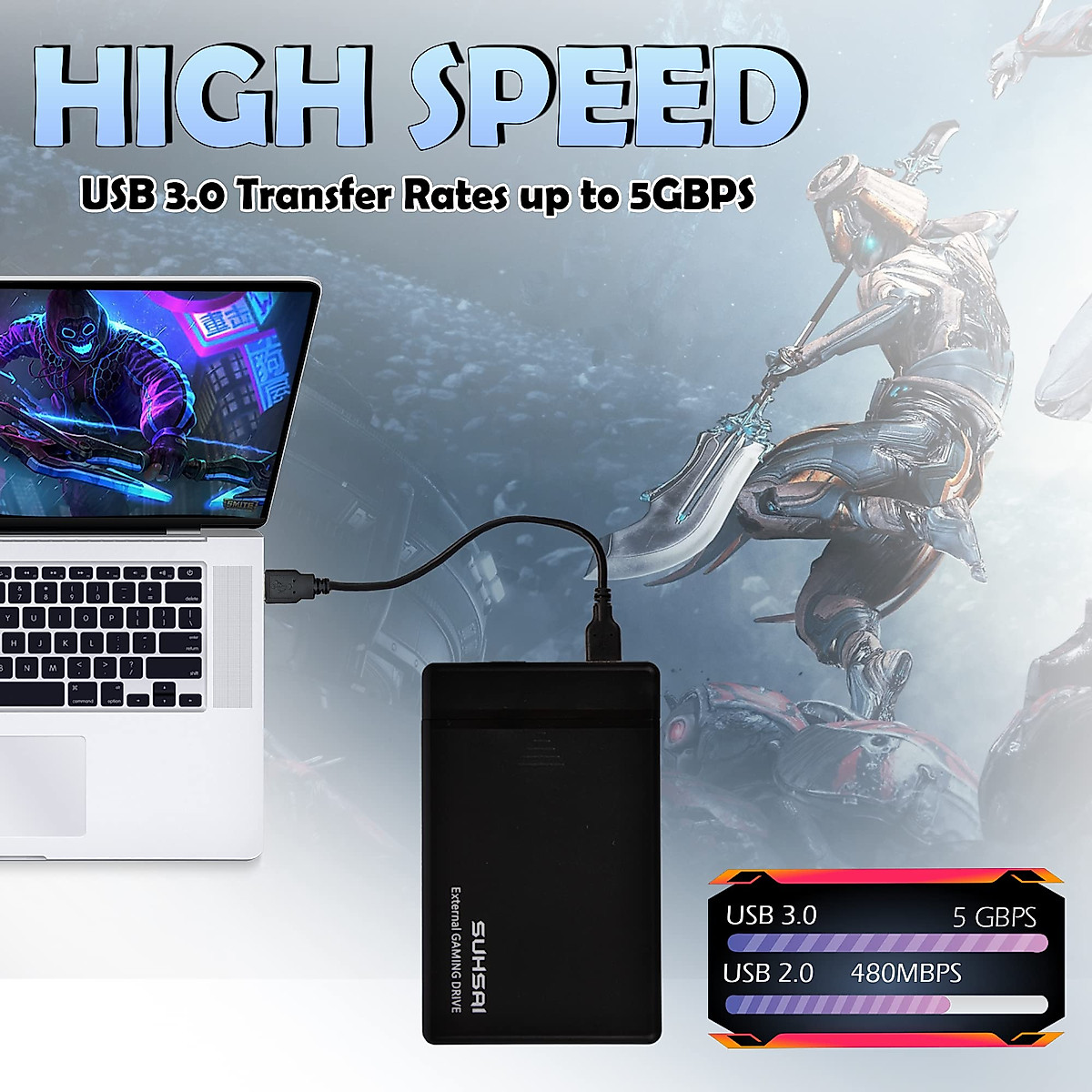 Suhsai External Hard Disk for Gaming, USB 3.0 Portable HDD Storage & Backup Drive for Laptop, Desktop, Playstation Xbox Game - Suitable with Windows, Mac, Game Console, PS4, PS5 (320GB - Black)