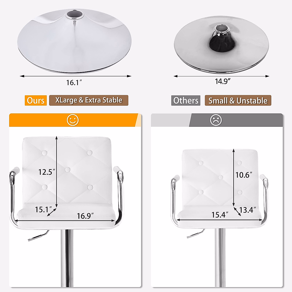 VECELO Bar Stools, Adjustable Bar Stools Set of 4, Counter Height Barstool with Back and Arms, Swivel PU Leather Bar Chairs for Kitchen/Island, White