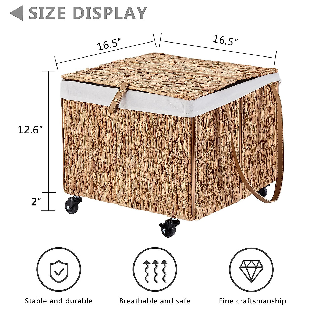 Wimarsbon Storage Basket, Foldable Rolling Hamper With Brakable Wheels and Lid, Handwave Braid Laundry Bin, Clothes Toy Organizer for Living Room (Water Hyacinth)