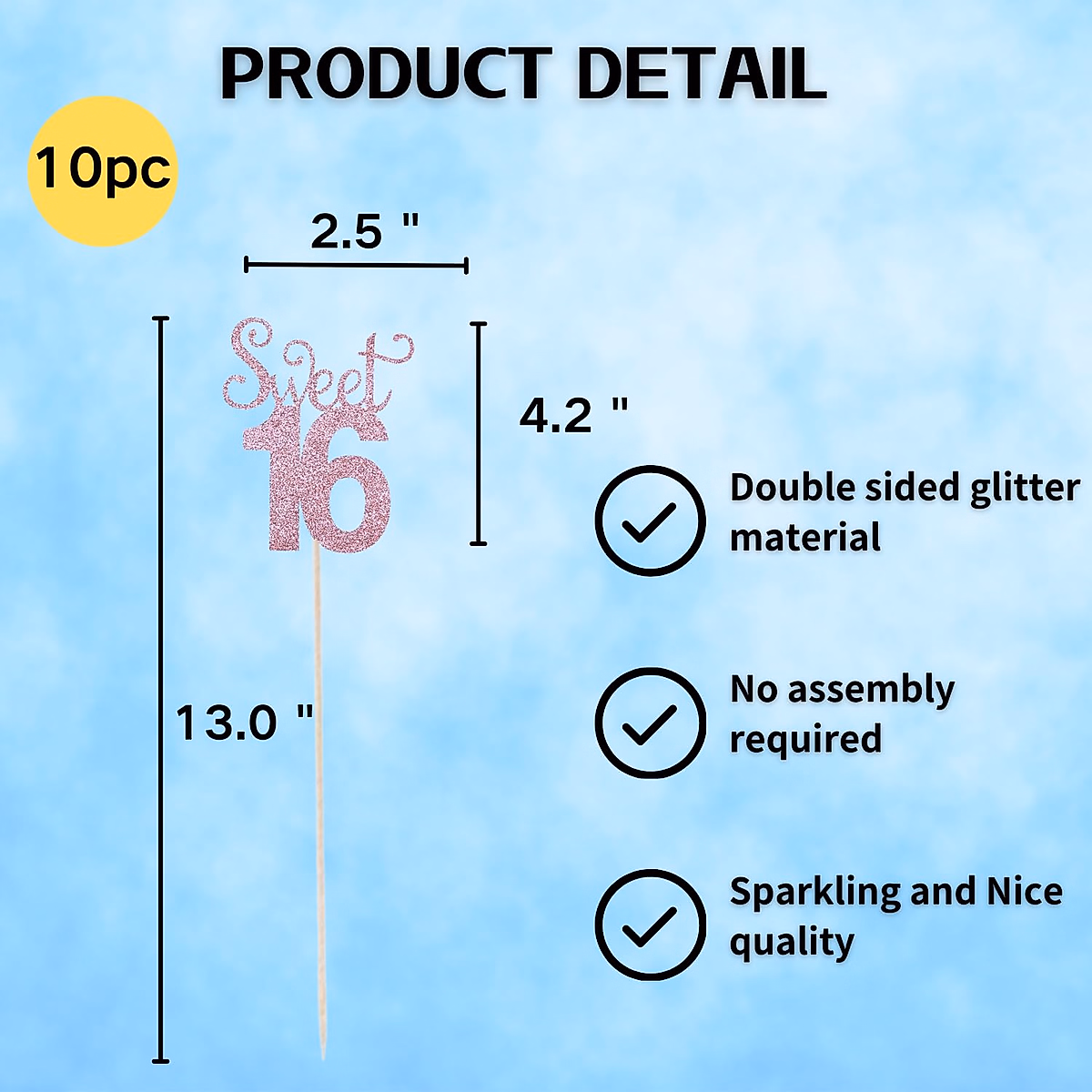 10-Pack Glitter Gold Double Sided Sweet 16 Birthday Anniversary Centerpiece Sticks, Number 16 Table Cake Topper for Sweet 16 Birthday Table Party Decorations (sweet 16) (rose gold)