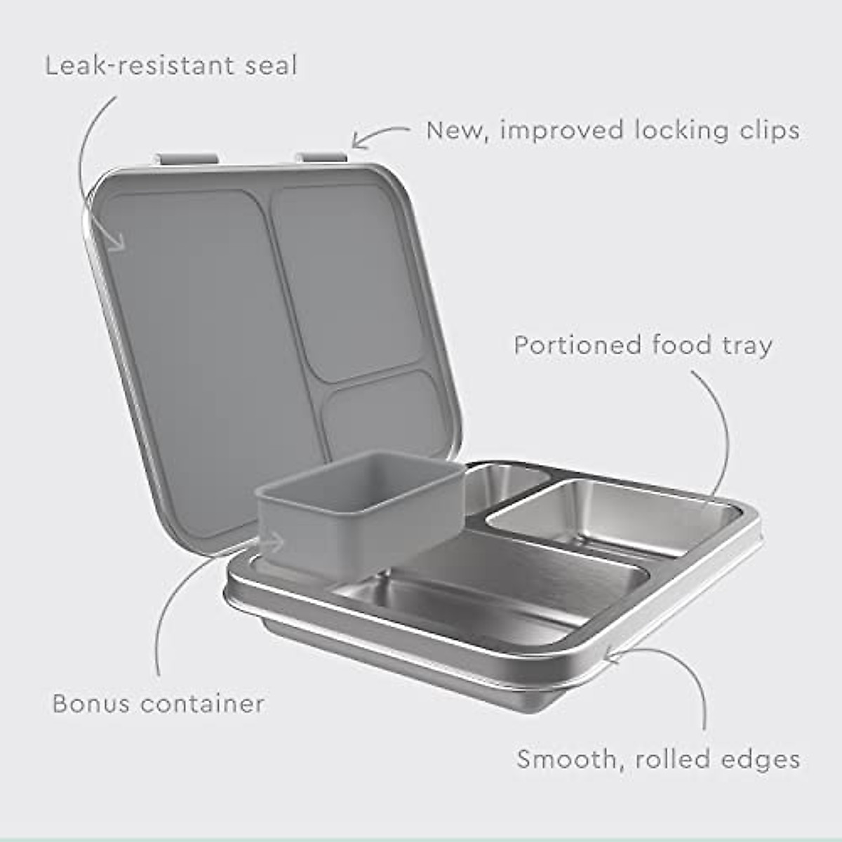Bentgo® Kids Stainless Steel Leak-Resistant Lunch Box - Bento-Style Redesigned in 2022 w/Upgraded Latches, 3 Compartments, & Extra Container - Eco-Friendly, Dishwasher Safe, Patented Design (Silver)