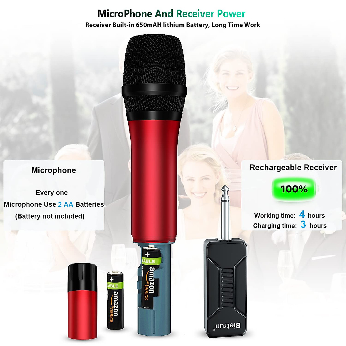 Wireless Microphone, Uhf Metal Dynamic Handheld Karaoke Mic, Rechargeable Receiver (Work 6hs),160ft Range, for Karaoke, Singing, Stage, Wedding, Speech, Karaoke Machine, Speaker, Amplifier, Mixer