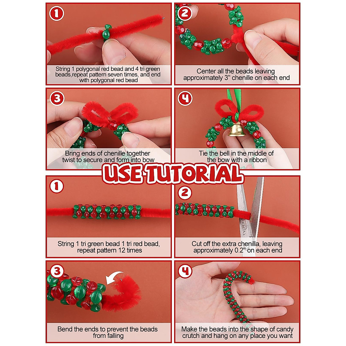 Lanstics 60 Sets Christmas Craft Beaded Ornament Kit Including 18PCS Wreath/18PCS Candy Cane/12PCS Snowmen/12PCS Christmas Tree for Xmas Craft Tree Decorations Adults Holiday Party (Assembly Needed)
