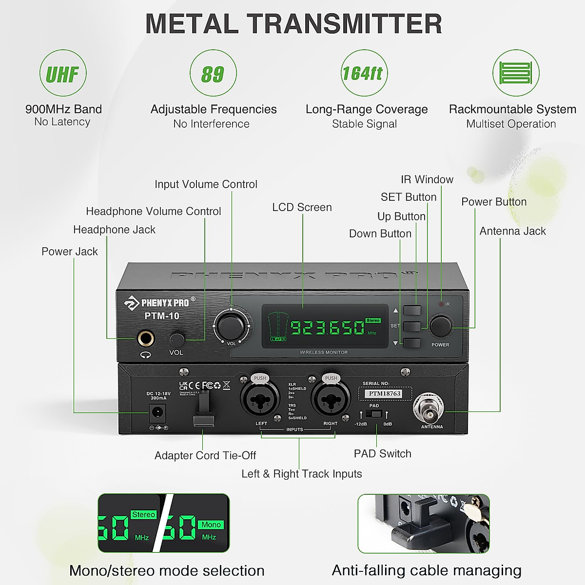 Phenyx Pro UHF Stereo Wireless in Ear Monitor System, Wireless IEM, 900MHz Band Selectable Frequency, Rack Mountable, 160 ft. Operation, suitable for Stage, Studio, Exhibit, Lecture, Speech (PTM-10)
