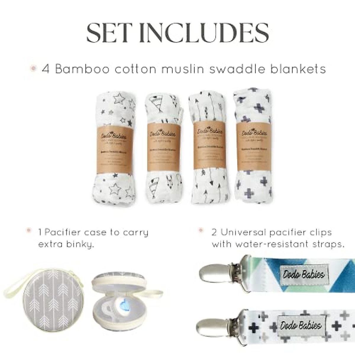 Dodo Babies Swaddle Blanket & Pacifier Clip Set – Four Large Cotton Muslin Receiving Blankets Plus Two Universal Binky Holders and Zip-Close Paci Case – Great for New Girl or Boy