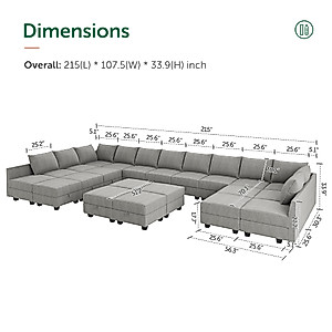 HONBAY Oversized Modular Sofa Couch with Ottoman U Shape Sectional Couch with Chaise Large Sleeper Modular Sectional Sofa with Storage Seats, Grey