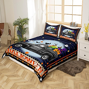 Feelyou Halloween Duvet Cover Full Size with 2 Pillow Cases Halloween Decor Comforter Cover Happy Halloween Bedding Set Black Cartoon Truck Bedspread Cover for Kids Adults