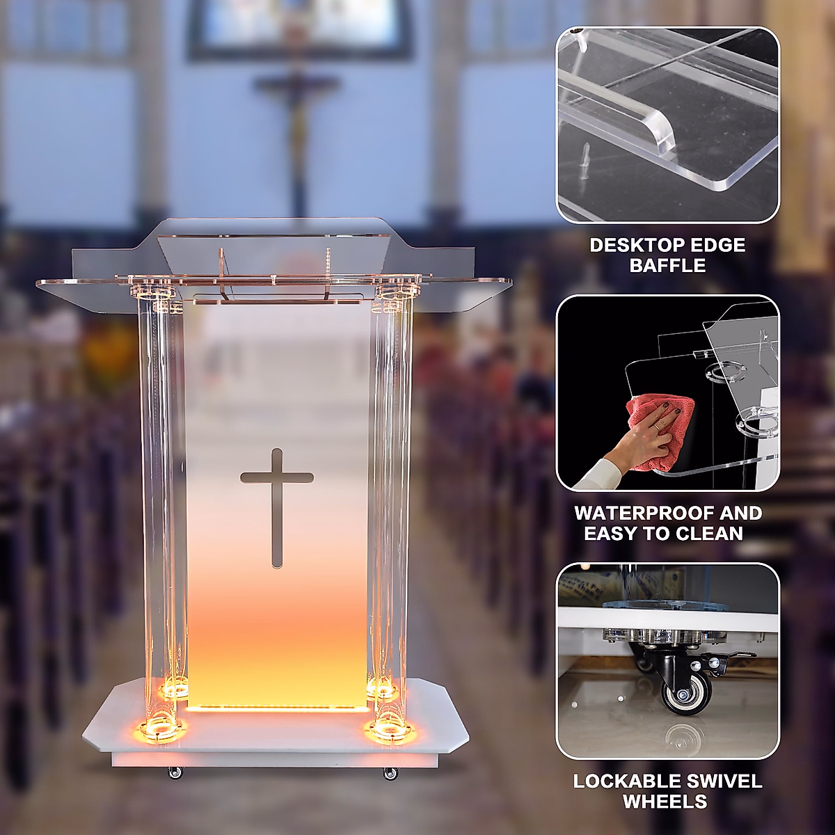 LAYIQDC Church Pulpit with Hollow Cross Design,Led Acrylic Church Podium with Wheels& Vertical Reading Platform, 46”Transparent Lecterns for Churches,Classroom and Weeding(39.4”L*15.7”W *44”H)