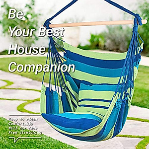 Ankwell Hammock Chair Hanging Rope Swing Seat - 2 Cushions Included - Max 330 Lbs - Quality Cotton Weave for Indoor or Outdoor Spaces (Green-Blue)