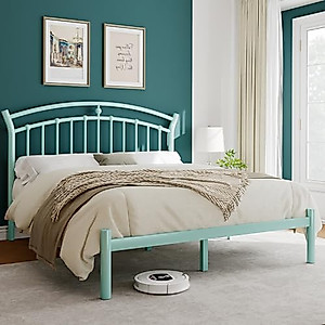 iPormis Full Size Metal Platform Bed Frame with Modern Iron-Art Headboard/Heavy Duty Steel Slats Support/Under Bed Storage/No Box Spring Needed/Easy Assembly/Noise-Free/Mint Green