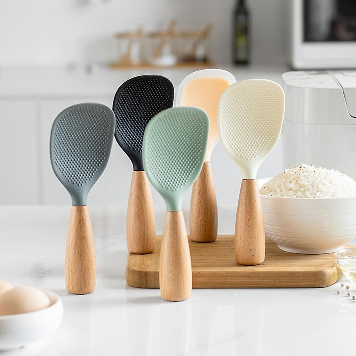MAGICLULU Silicone Rice Spoon Kitchen Utensils Cooking Ladle Wooden Rice Paddle Rice Spatula Korean Rice Paddle Rice Serving Spoon Scoop Reusable Rice Spoon Wood Tablespoon Handle