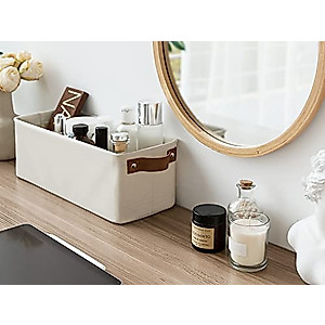 StorageWorks Narrow Storage Bins, Small Baskets for Organizing, Long Storage Basket with Handles, Fabric Storage Bins for Shelf, Beige, 2-Pack