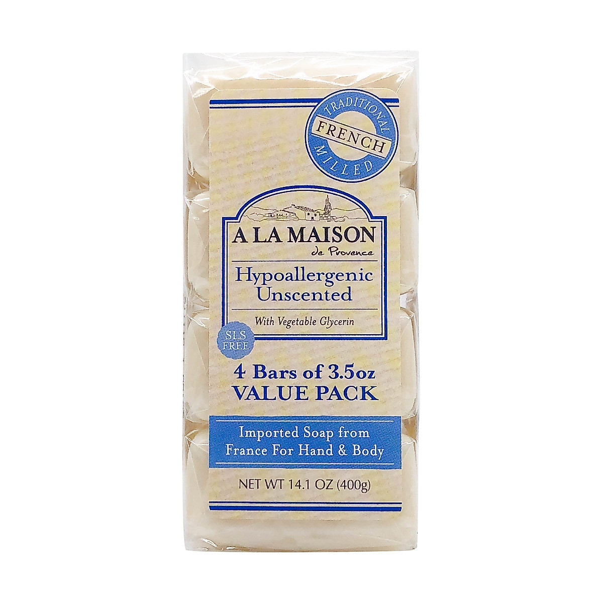 A LA MAISON - Triple French Milled Unscented Natural Moisturizing Hand Soap Bar (4 Bars of Soap, 3.5 oz) (4 Bars, 3.5 oz, Goat Milk)