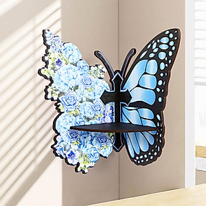 1/4 Wooden Corner Shelf - Butterfly Storage Rack, Hanging Organizer Racks | Wall Mount Shelving Unit, Vanity Counter Space Saver, Floating Room Corner Decor for Home Room, 9.25x9.45 Inches