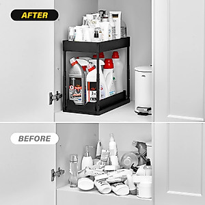 EPSY 2 Tier Under Sink Organizer 2 Pack, Multi-Purpose Cleaning Supplies Organizer with 8 Hooks, 2 Hanging Cups & Pull-Out Drawer, Kitchen & Bathroom Cabinet Storage, Adjustable Height, Black