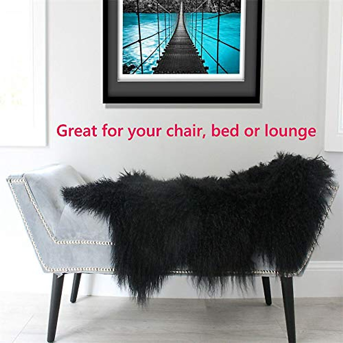 Seek4comfortable Black Genuine Mongolian Sheepskin Pelt Fur Area Rug, Tibetan Curly Fur Throw with Super Fluffy Thick Decorative As Throw Rug 41.5-43.5in Long and 24-25.6 in Wide