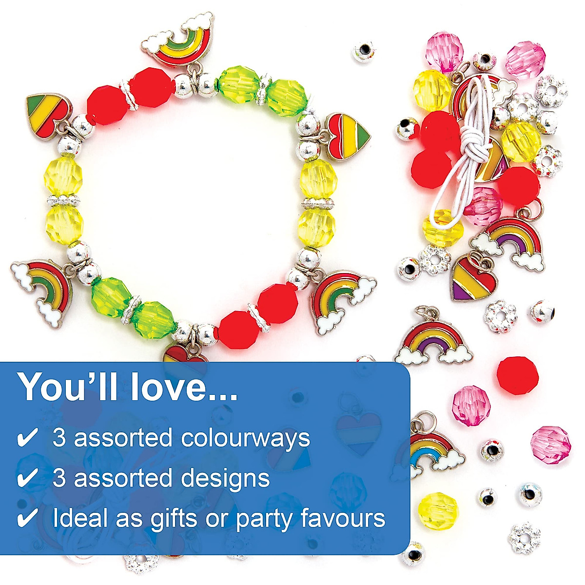 Baker Ross FE111 Rainbow Charm Bracelet Kits - Pack of 3, Perfect for Kids Jewelry Making Activities, Bead Art Activities or Party Crafting