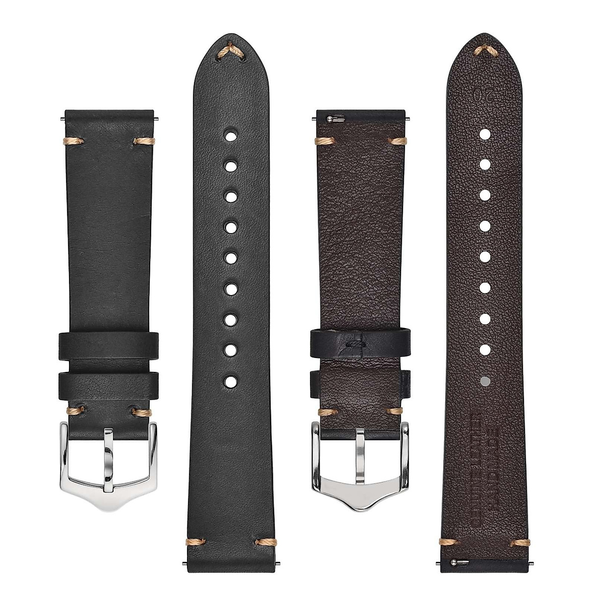 BISONSTRAP Men's Watch Bands, Hand-Stitched Leather Watch Straps, Quick Release, 20mm, Black with Silver Buckle