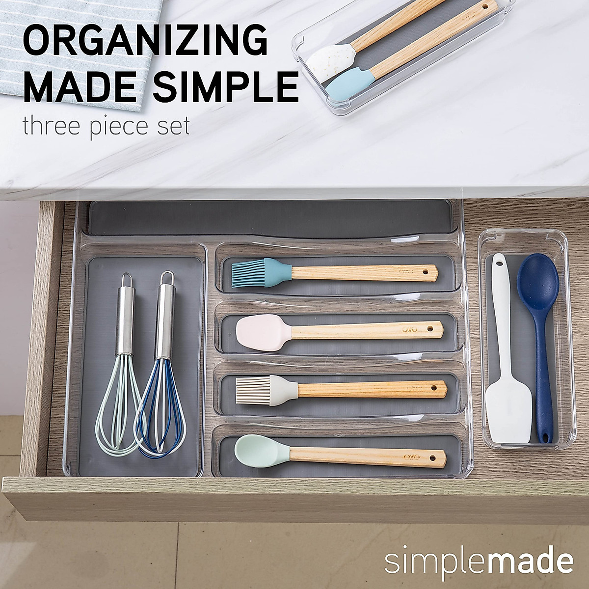 SIMPLEMADE Silverware Organizer Tray Set - 3 Piece Flatware Organizer for Drawer - Clear Cutlery Tray Drawer Insert with Easy Clean Liner - Multipurpose Storage for Kitchen, Office, Bathroom (Grey)