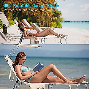 Giantex Outdoor Folding Chaise Lounge, Portable Reclining Chair with 5 Adjustable Positions, 360°Rotatable Canopy Shade, Side Pocket, Patio Lounge Chair for Beach, Lawn Sunbathing Chair (1, Beige)