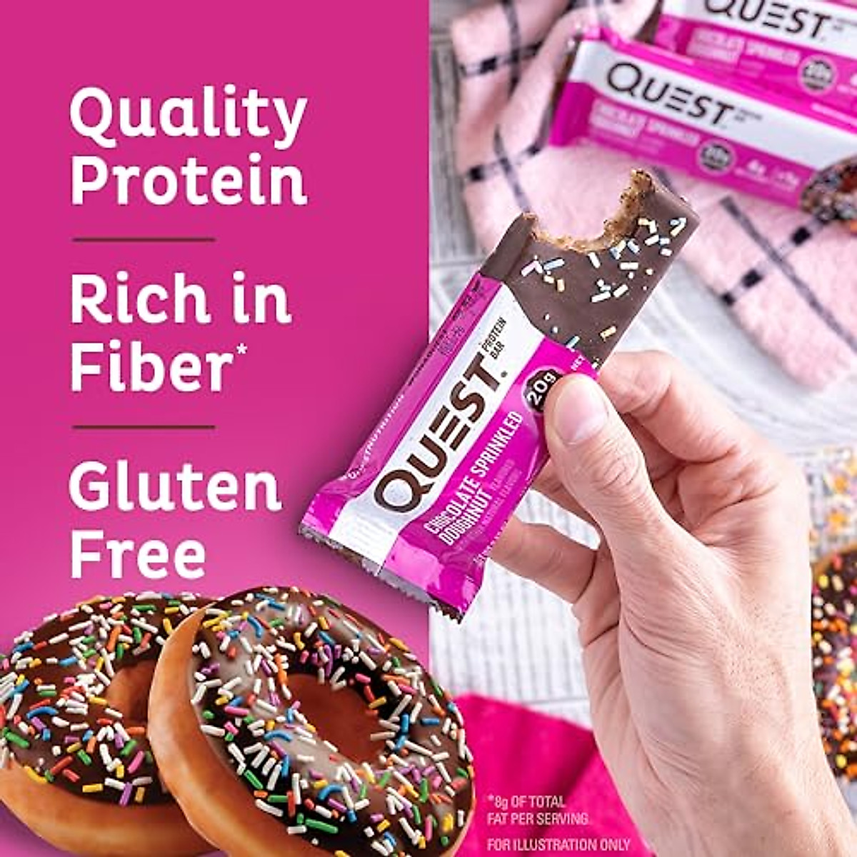 Quest Nutrition Chocolate Sprinkled Doughnut Protein Bars, High Protein, Low Carb, Gluten Free, Keto Friendly, 12 Count