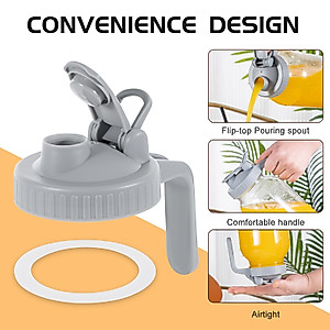 NFFTYUUT Mason Jar Flip Cap Lid with Handle, Airtight and Leak,Proof Seal, Wide Mouth, Gray,Pack of 2