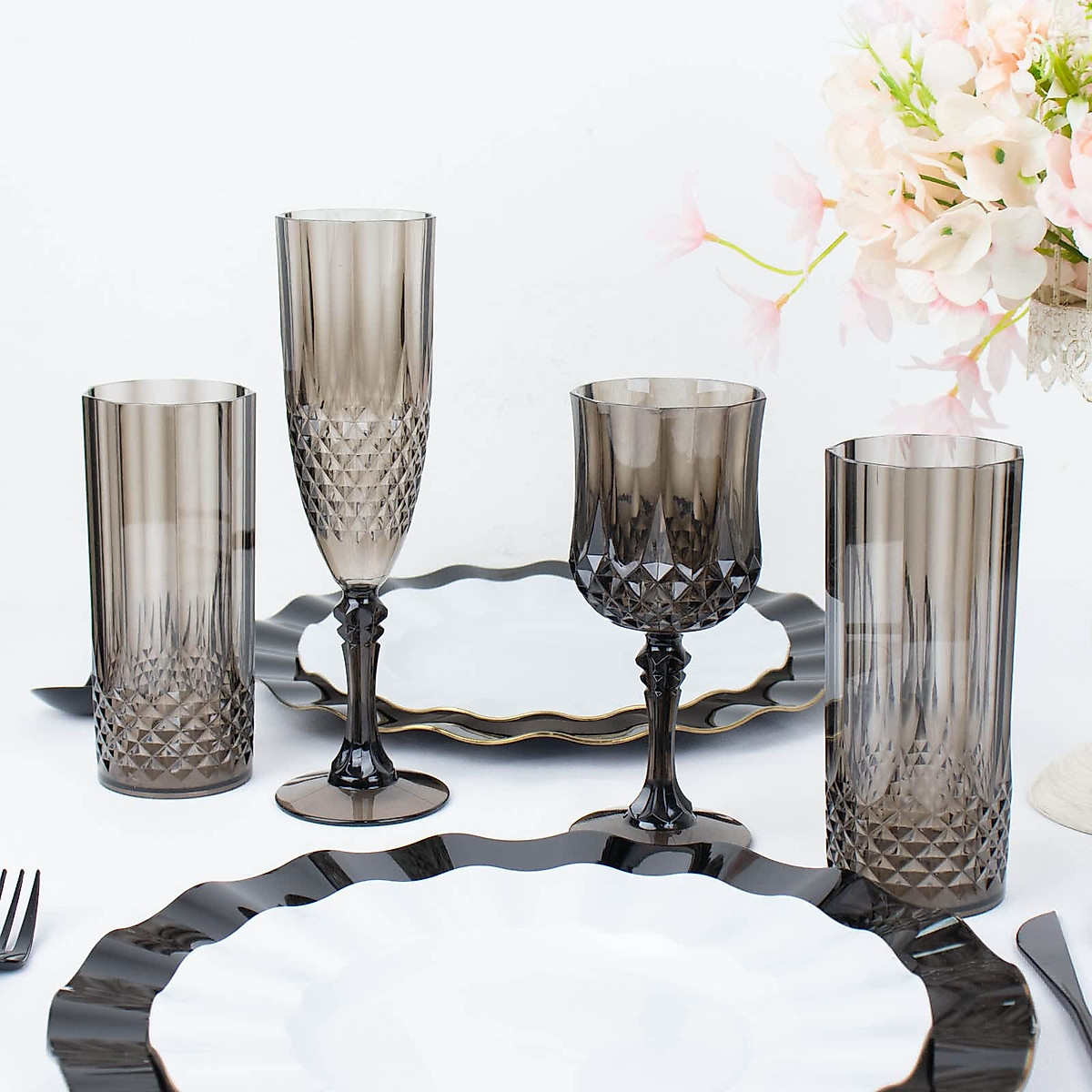 Efavormart 6 Pack | 8oz Black Crystal Cut Reusable Plastic Wine Glasses, Disposable Cocktail Goblets