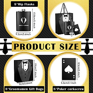 32 Pcs Groomsmen Gifts Set 8 Groomsmen Gift Proposal Bags 8 oz Stainless Steel Tuxedo Hip Flask 8 Groomsmen Gauge Glasses with 8 Poker Card Beer Bottle Opener Cap for Wedding Bachelor Party Favors