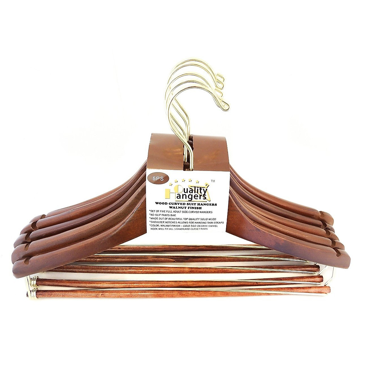 Quality Hangers Wooden Hangers Beautiful Sturdy Suit Curved Hangers Great for Travelers Heavy Duty Coat Hanger with Locking Bar Gold Hooks (5 Pack)