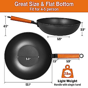 Anyfish Nonstick Wok 13.1 inch Stir-fry Wok Pan with Lid Pre-seasoned Carbon Steel Wok with Silicone Spatula No Chemical Coating Chinese Wok Flat Bottom for Induction, Coil Top, Electric, Gas Stove