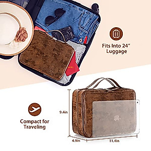 Elviros Hanging Travel Toiletry Bag for Men, 3 In 1 Large Makeup Bag Organizer for Women, Water-resistant PU Leather Dopp Kit Shaving Bag for Bathroom Toiletries, Cosmetics (Dark Brown)