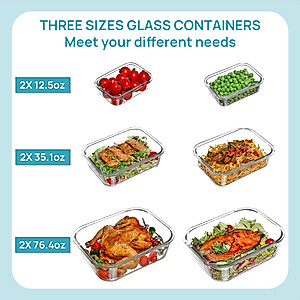 Vtopmart 2.26L/76oz Extra Large Glass Food Storage Containers with Lids, 6 pack Meal Prep Container Set, Airtight Container Bento Boxes with Snap Locking Lids for Microwave, Oven, Freezer, Dishwasher