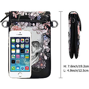 Flower Halloween Sugar Skull Cell Phone Purse Crossbody Bag Pouch Shoulder Bags Wallet for women Girls Travel, 7.6 x 4.9 inches(H x L)