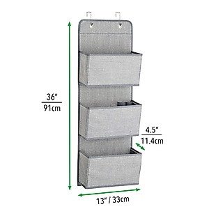 mDesign Fabric Baby Nursery Hanging Organizers for Over the Door Storage for Kids - 3 Pocket Organizer Caddy, Hooks for Clothing, School, Diaper, Toy, Outfits, Lido Collection, Textured, 2 Pack - Gray